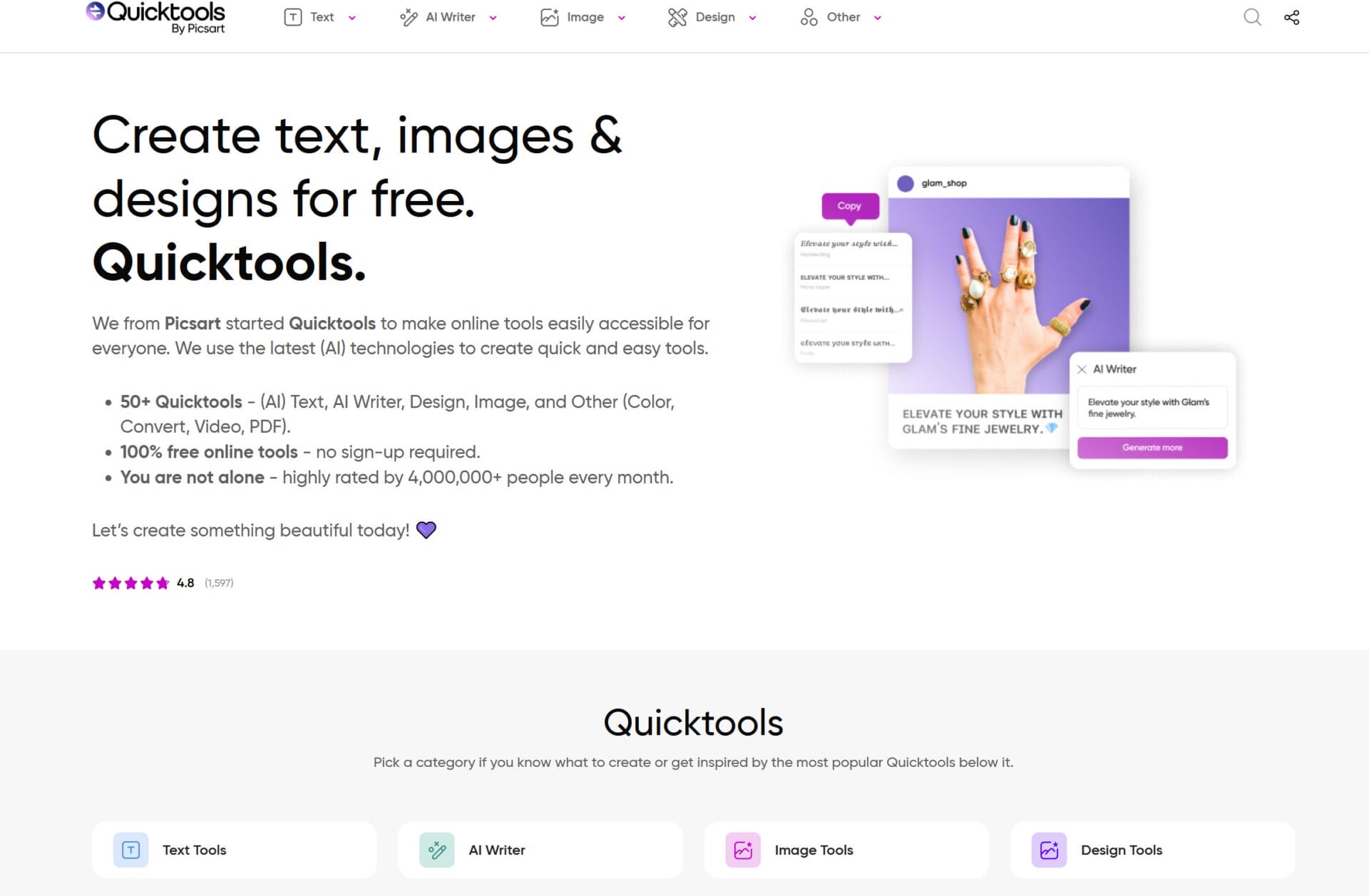 Herramientas de IA gratuitas de Quicktools Picsart